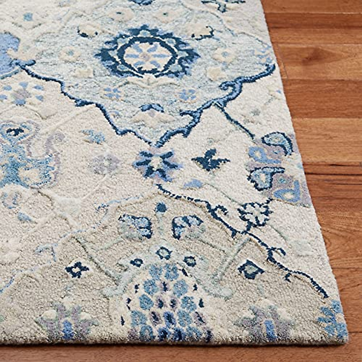 SAFAVIEH Glamour Collection Area Rug - 8' x 10', Beige & Blue, Handmade Wool, Ideal for High Traffic Areas in Living Room, Bedroom (GLM622B)