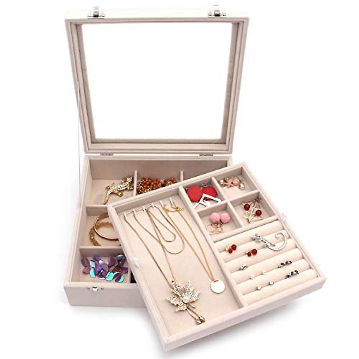 KLOUD City Jewelry Box with Glass Lid Two-Layer Jewelry Box Organizer Display Storage case (Beige)
