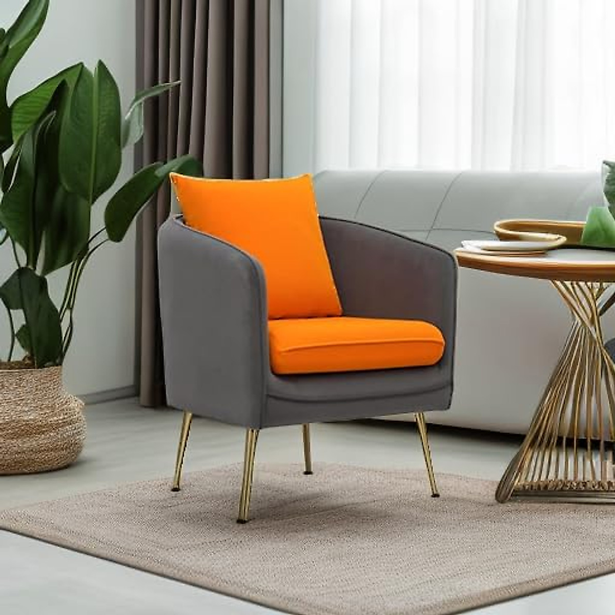 MoNiBloom Single Sofa Chair Modern Upholstered Accent Chair Armchair w/Backrest Pillow, Orange/Gray Contrasting Colors Upholstered Bedroom Barrel Chair Mid Century Modern Comfy Suede Singel Armchair