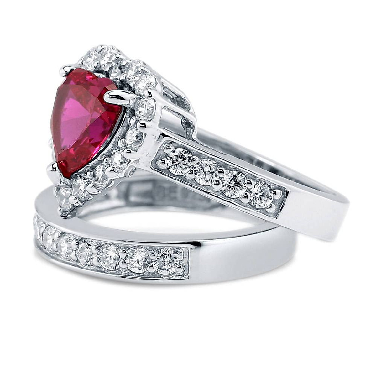 BERRICLE Sterling Silver Halo Wedding Engagement Rings Simulated Ruby Cubic Zirconia CZ Statement Heart Ring Set for Women, Rhodium Plated Size 8