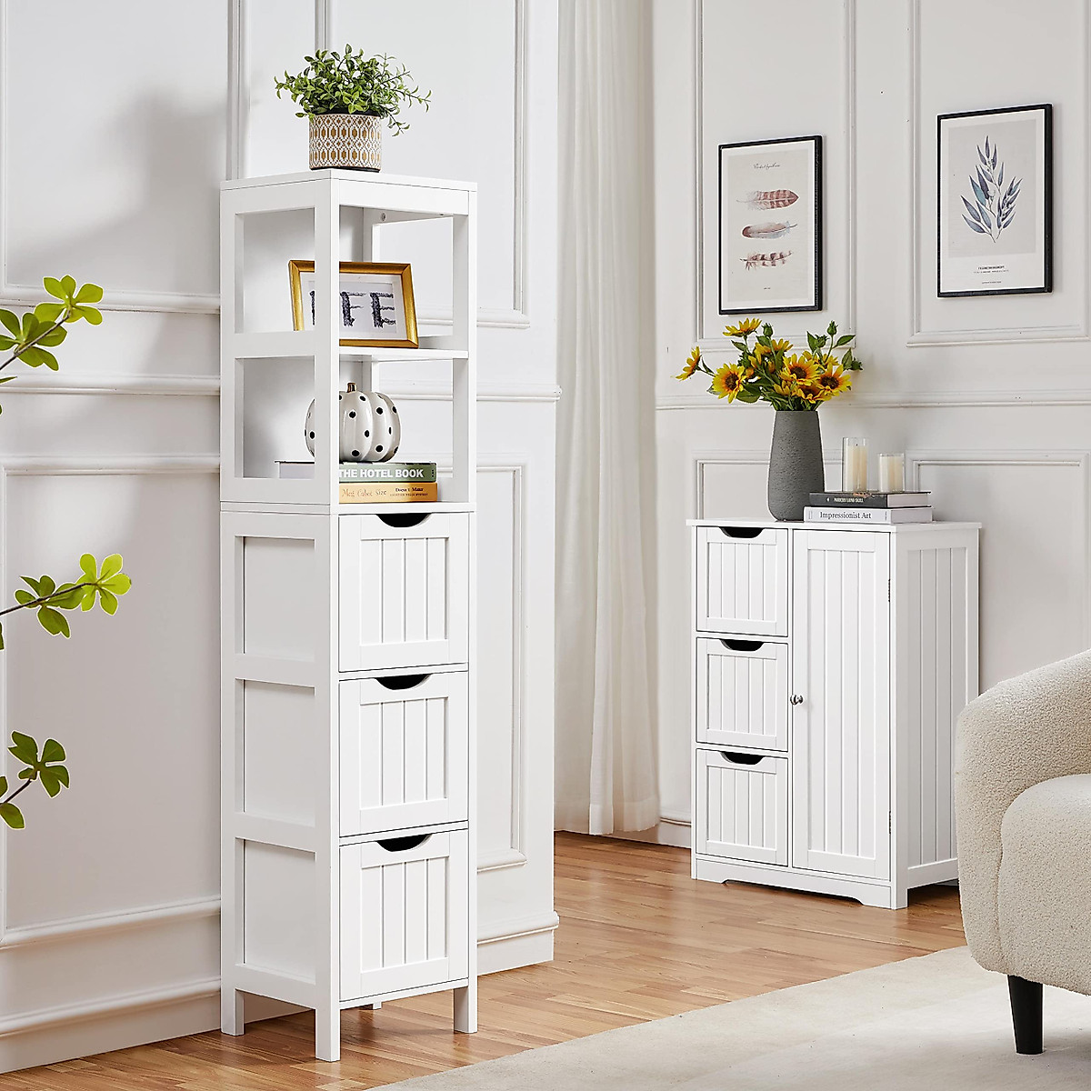 Yaheetech Bathroom Tall Cabinet, Slim Storage Cabinet, Narrow Freestanding Floor Cabinet with 3 Drawers & 2 Shelves, Linen Tower for Small Space, 12" D x 12" W x 56" H, White