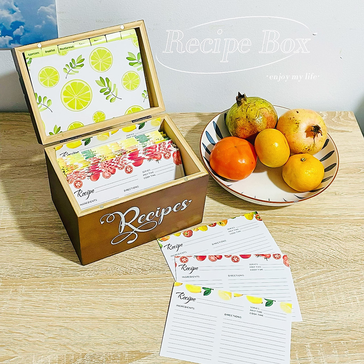 Lumicook Cursive Wood Recipe Box with 120 Double Sided Cards and 7 Dividers | Bamboo Recipe Card Box with Phone and Card Holder | Dark Brown Bamboo Wood Recipe Organizer