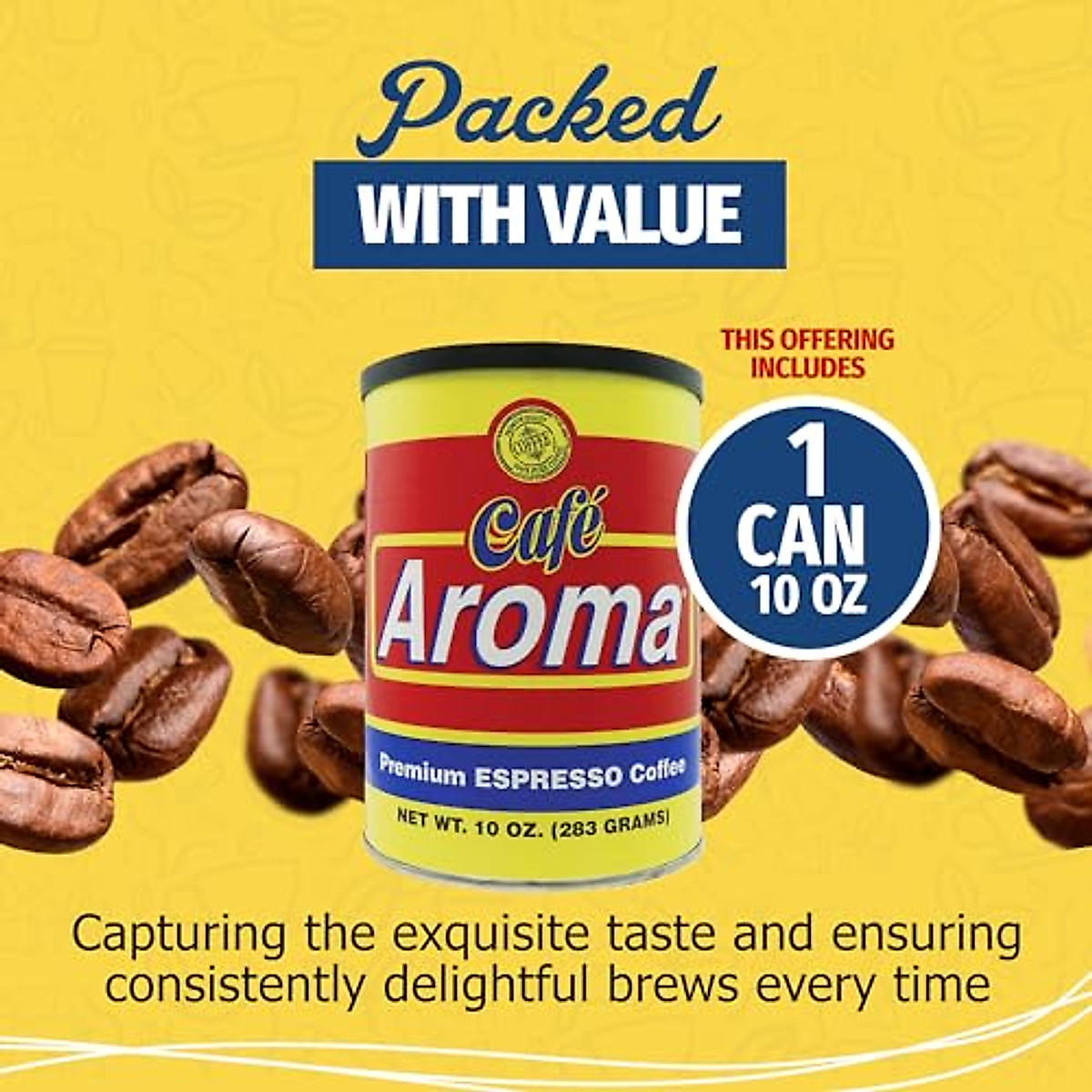 Café Aroma Ground Espresso Roast Coffee, Dark Roast, Cuban Style Coffee, Perfect for Lattes, Blend For Hot & Iced Coffee Creations, 10 oz Can