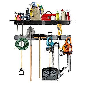 RaxGo Garage Tool Storage Rack With Wall Shelf, 12 Piece Garage Organizer, Metal, Wall mounted, Hanger for Power Tools, Mop, Garden Rakes, Shovels & More