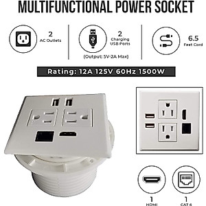 Round Desktop Conference Room Power Grommet Outlet, FITS 3 1/8" - 3 1/4" 2 (TR) AC Outlets, 2 USB Charging Ports, 1 CAT 6, 1 HDMI, ETL Listed (DC-8589_White-Square)