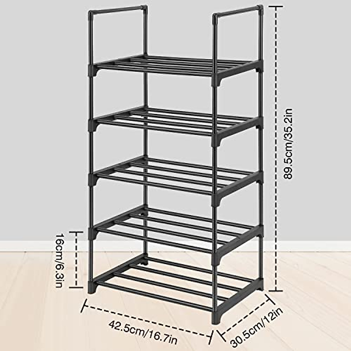 HITHIM 5-Tier Narrow Shoe Racks, Small Stackable Shoe Shelf Organizer,Sturdy Shoe Stand with Armrests, Metal Free Standing Shoe Racks for Entryway, Doorway and Bedroom Closet (Black)