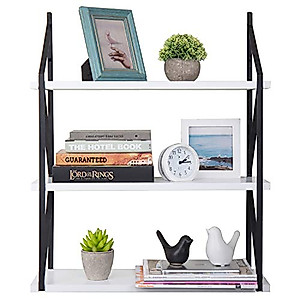 MyGift 3-Tier Farmhouse White Wood Wall Floating Shelves - 23 Inch Wall-Mounted Organization Wooden Shelf Rack with Black Metal Brackets