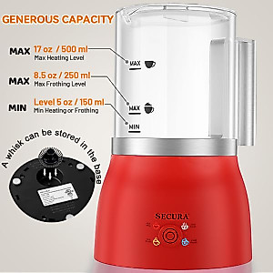 Secura Detachable Milk Frother and Steamer, 17oz Electric Milk Warmer 4-in-1 Hot/Cold Foam Maker for Latte, Macchiato, Hot Chocolate, Glass Milk Jug Dishwasher Safe (Red)