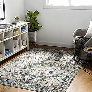 Hauteloom Cabacungan Traditional Persian Medallion Living Room Bedroom Area Rug - Machine Washable Distressed Carpet - Bohemian Oriental - Easy to Clean - Blue, Grey, Beige - 6'7" x 9'