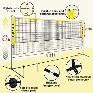 TOLEAD All-in-One Pickleball & Badminton Net Set, Portable Volleyball Net Set (17ft Wide x 3-5ft Height) for Backyard,Outdoor Sports Game Set w/Volleyball Pickleball Paddles & Badminton Rackets