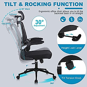 Flysky Ergonomic Office Chair Breathable Mesh Home Office Desk Chair, Comfy Computer Chair with Lumbar Support, Headrest and Flip-up Arms, Executive Chair, Adjustable Height Swivel Task Chair