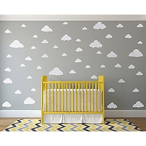 White Clouds Sky Wall Decals - Easy Peel + Stick 50 Clouds Pack - Kids Playroom Nursery Sky for Baby Boy or Girl - Vinyl Sticker Art Large Decoration Graphic Decor Mural