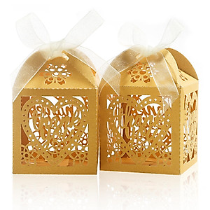 COTOPHER Laser Cut Boxes, 100pcs Thank You Gift Boxes Wedding Party Favor Boxes Lace Candy Boxes for Wedding Bridal Shower Baby Shower Birthday Party Decorations with Ribbons (Gold, 100)