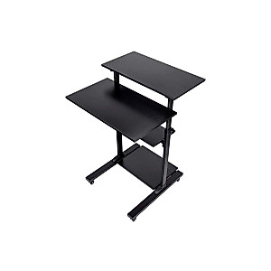 Monoprice Height Adjustable PC Workstation Cart - for Seated or Standing Position, with 28 Inch Table Top,Two Additional Accessory Shelves, Ideal for Work and Home, Black, Keyboard+ Monitor