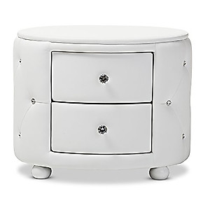 Baxton Studio Davina Hollywood Glamour Style Oval 2-Drawer Faux Leather Upholstered Nightstand, Medium, White