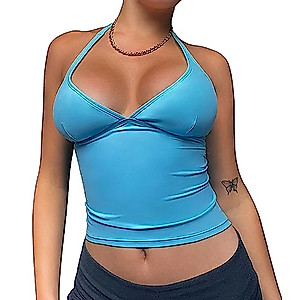 HOTOLP Halter Crop Tops for Women Sexy Deep V Neck Backless Going Out Tops Sleeveless Tie Back Cami Y2k Workout Tank Top (S Blue)