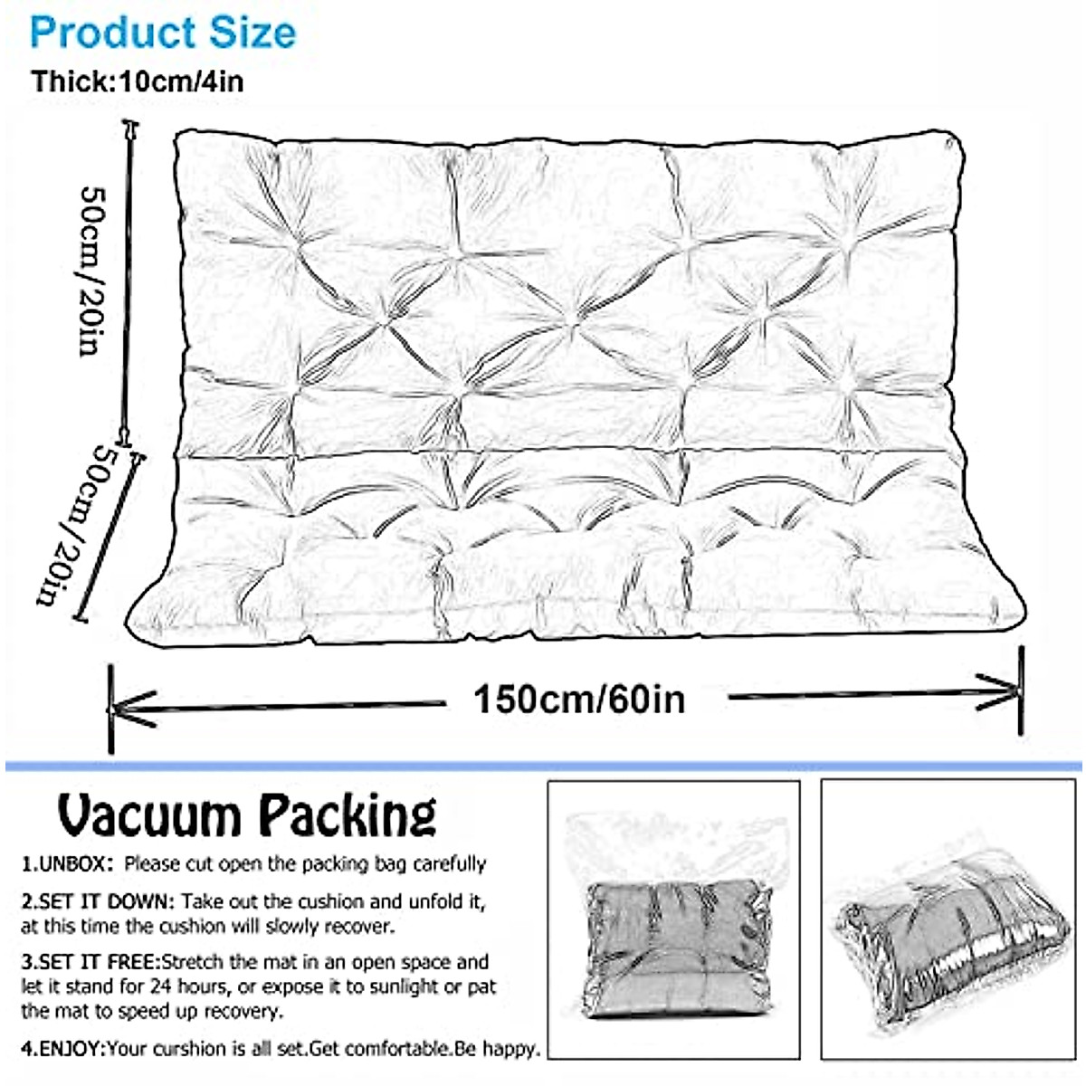 ZUINUDNG Outdoor Swing Bench Cushions,2 or 3 Seater Waterproof Swing Cushion with Backrest Ties,Bench Replacement Washable Seat
