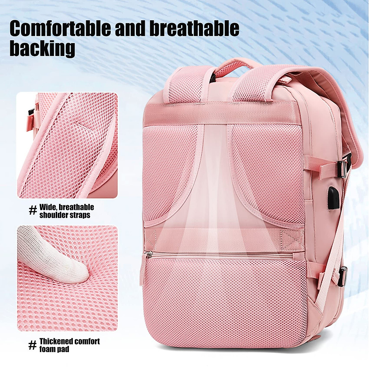 Large Travel Backpack for Women,Carry On Laptop Backpack for Hiking,College Bookbag,Outdoor Sports Bag,Casual Daypack with USB Port & Shoe Compartment,Fits 17 Inch,Men & Lady,Pink1