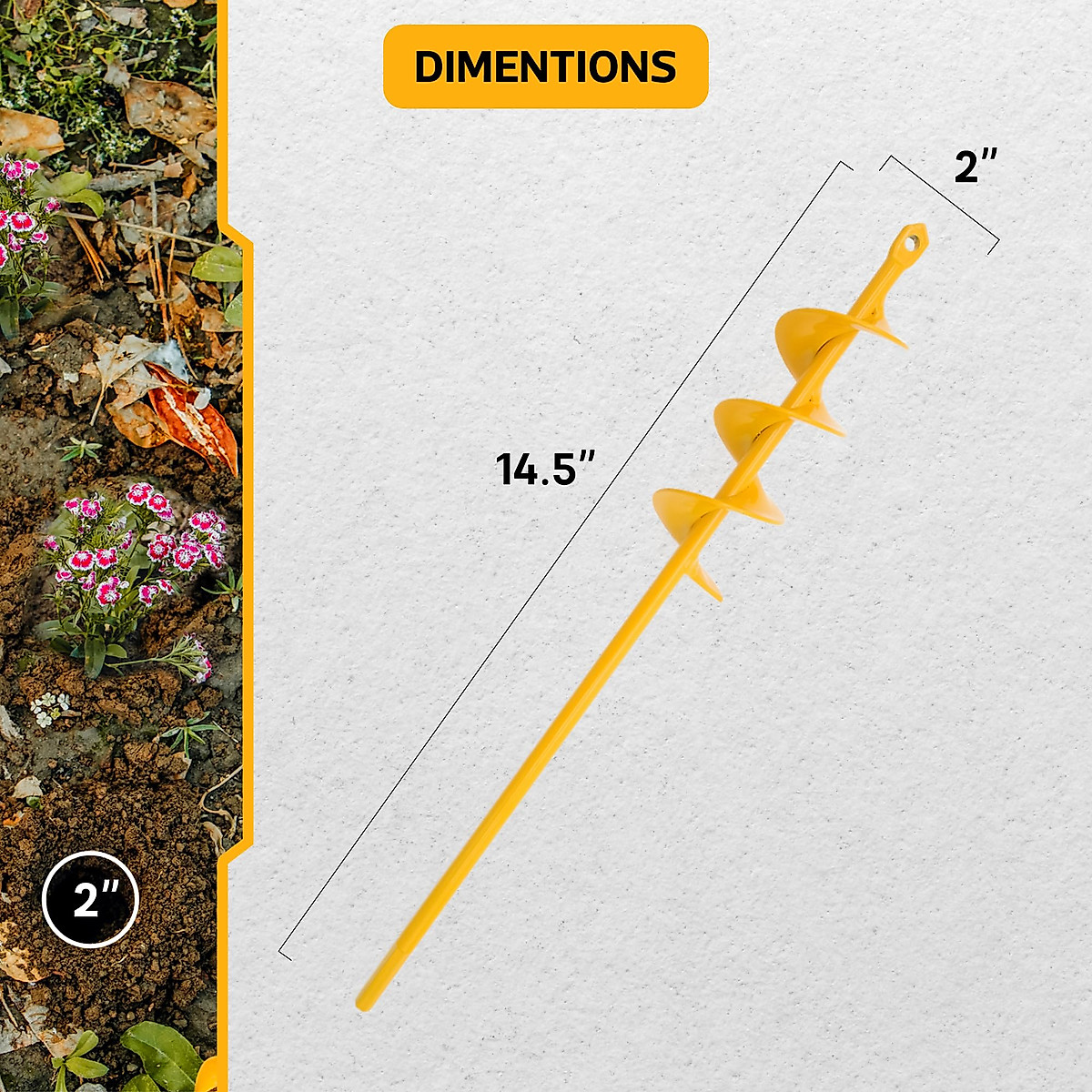 NAFOGAR Garden Auger Drill Bit for Planting - 2"(D) x14.5"(L) - Post Hole Digger Drill Auger for Gardening Bulbs, Flowers, and Bedding Plant - Made to Fit in Any 3/8 Hex Drill (Yellow)