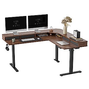 FEZIBO 63" L Shaped Standing Desk with Drawers, Electric Adjustable Height Standing Gaming Desk L Shape, Black Walnut Top/Black Frame