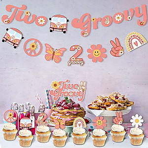 11Pcs Groovy Party Decorations, 2Pcs Two Groovy Banner 1PC Cake Toppers 8Pcs Hippie Party Cupcake Toppers Smile Daisy Flower Victory Peace Love Toppers for Baby Shower 2nd Birthday 70s Theme Boho
