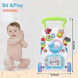 2 in 1 Sit to Stand Baby Walker with Music and Light, Toddler Push Toys for Learning to Walk, with Removable Drawing Board, Music Piano, Mini Phone for 6 Months Up Baby Boys Girls