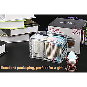 TocTen Qtip Holder Dispenser for Cotton Ball, Cotton Swab, Cotton Round Pads Jar, 3-Grid Bathroom Canister with Lid Thicken Acrylic Plastic Make Up Organizer, Extra Sponge Blender Holder Includ