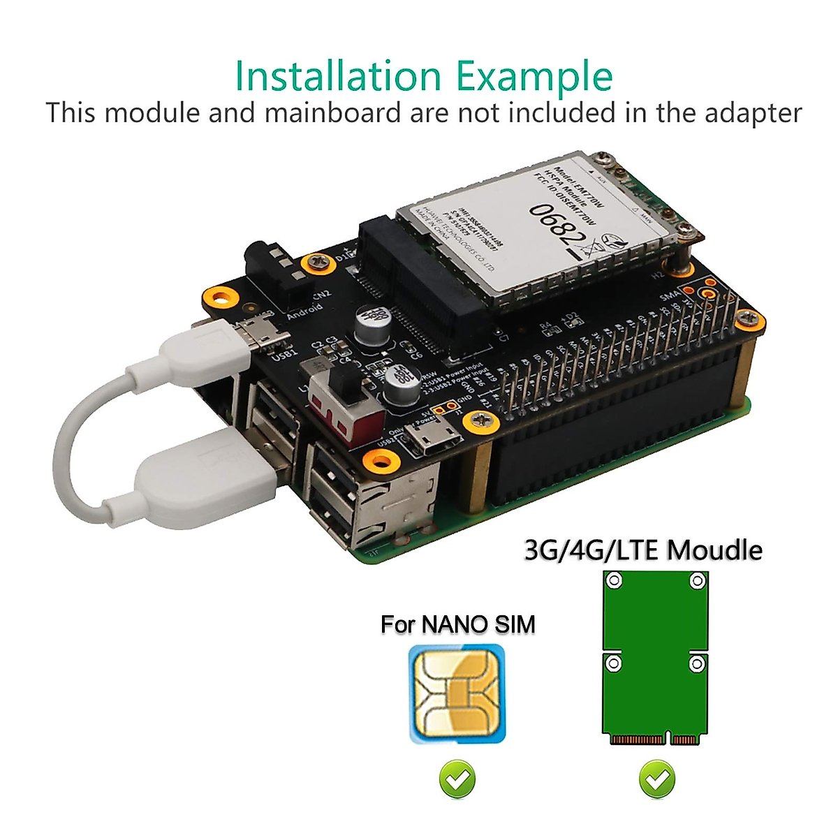 70 3G/4G LTE Base Hat for Raspberry Pi 4/3/2/B+ Module Computer Board to USB with SIM Card,3G/4G LTE to USB Module,3Amps Efficient and Low Quiescent Current Power,for Desktop PC/Laptop