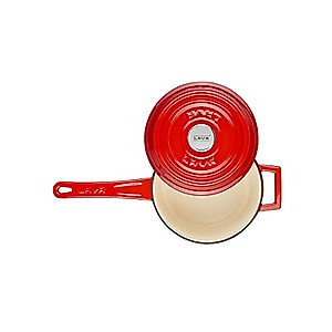 Lava Light-Colored Sand Enameled Cast Iron Sauce Pan, 1.5 Quarts Round Sauce Pot, Glossy Sand-Colored Three Layers of Enamel Coated Interior, Long Handle with Lid (Red)