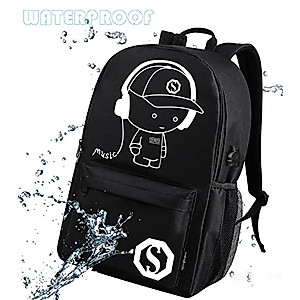 Lmeison Boys Backpack for School, Anime Cartoon Luminous Backpack with Lunch Box Pencil Case, Waterproof School Bookbag for Teen Girls, Laptop Backpack for Middle School High School, College, Black