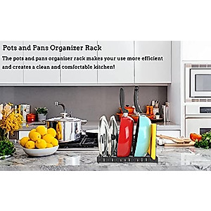 Pot Organizer Rack for Under Cabinet, Kitchen Pot and Pan Organizer Rack Holder with 1 Drip Pan & 7 Dividers Adjustable Pot Lid Organizer for Cabinet, Bakeware, Cookie Sheet and Cutting Board (Black)