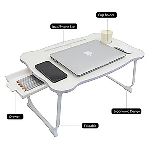 Foldable Laptop Bed Table Lap Desk Stand, Serving Tray Dining Table with Slot, with Foldable Legs & Cup Slot，Notebook Stand Holder, Working, Watching Movie on Bed/Couch/Sofa/Floor (White)