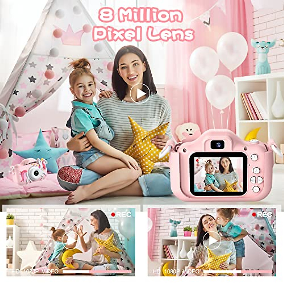 OUTUVAS Kids HD Digital Video Cameras for Toddler, Christmas Birthday Gifts for Boys and Girls Age 3+, 1080P HD Anti-Drop Camera, with 32GB SD Card. (Pink)