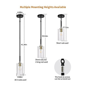 UL-Listed Glass Pendant Light with E26 LED Bulb, JACKYLED Adjustable Height Antique Brass Hanging Light, Modern Gold Pendant Light for Kitchen Island