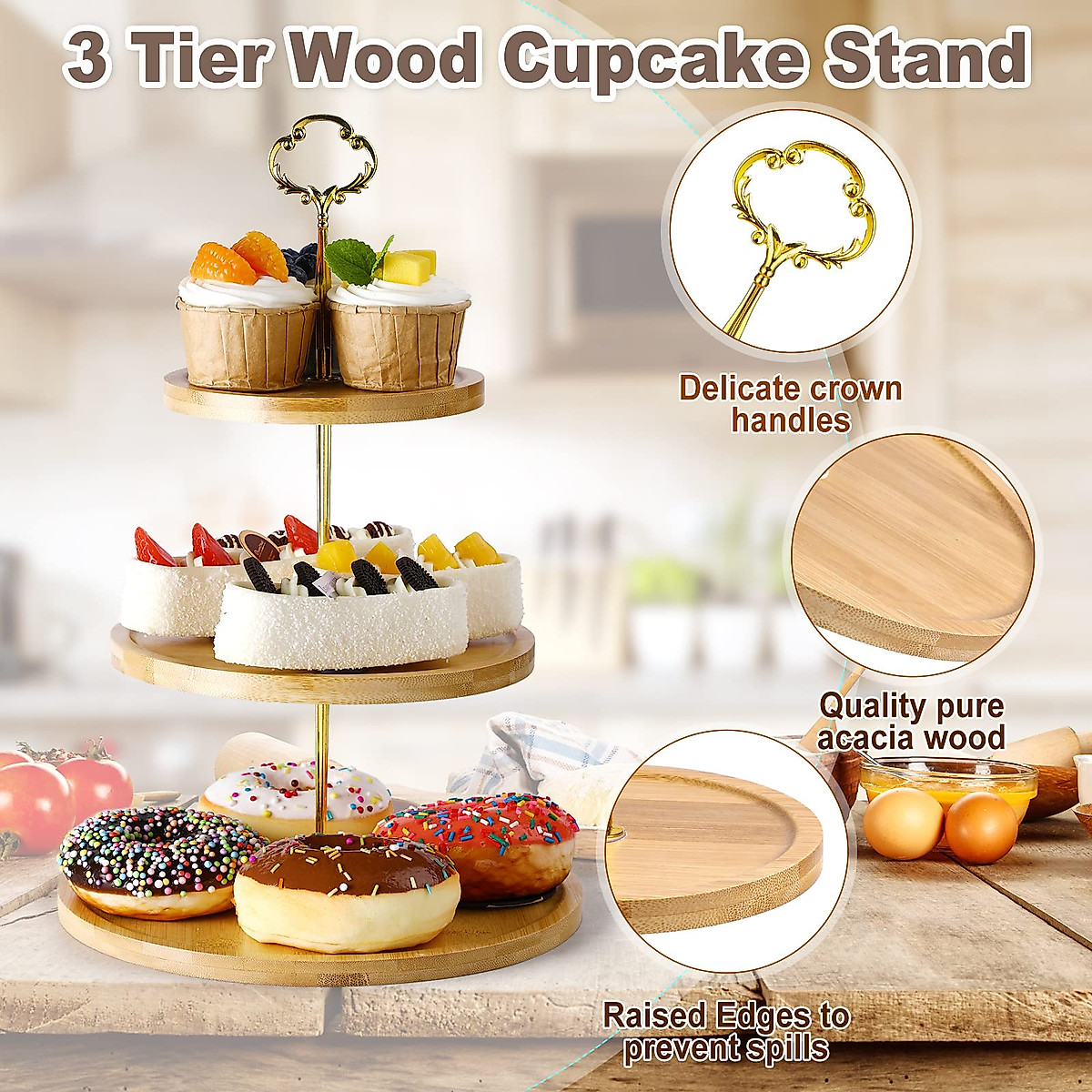 Set of 3 Wooden Cupcake Stand 3 Tier Wood Cupcake Holder Bamboo Wood Dessert Serving Stand Rustic Dessert Table Display Stands Tiered Tray Cupcake Holder Farmhouse Display Stands for Wedding Cupcake
