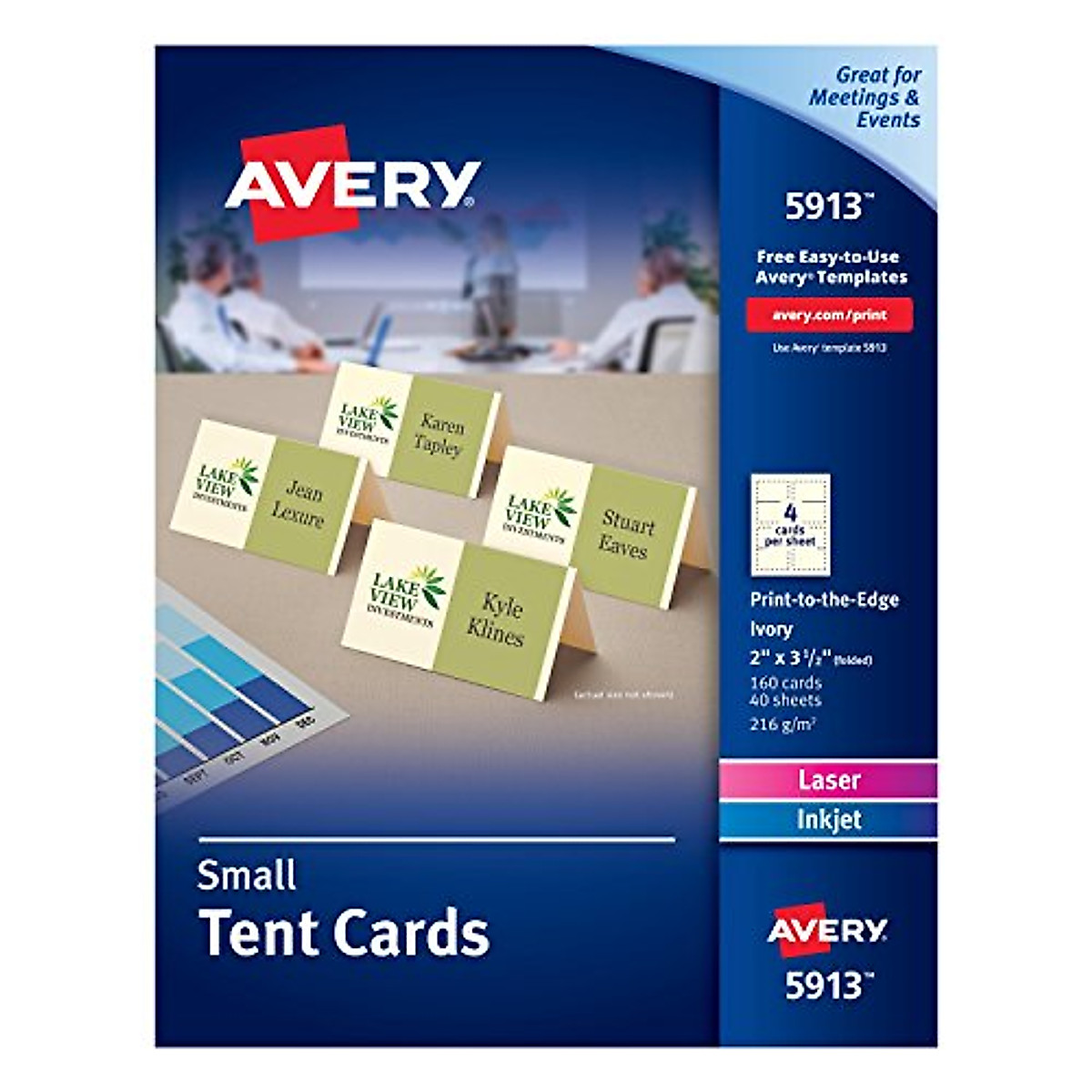 Avery Printable Small Tent Cards with Sure Feed Technology, 2” x 3.5”, Ivory, 160 Blank Place Cards for Laser or Inkjet Printers (05913) & Printable Business Cards, Inkjet Printers, 90 Cards, 2 x 3.5