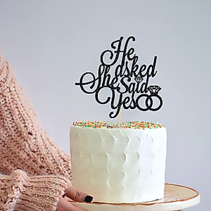 Helewilk He Asked She Said Yes Cake Topper, Groom to Be / Wedding Cake Decoration, Bridal Shower Engagement Party Party Decoration Supplies - Black Glitter