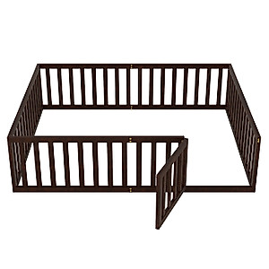 Harper & Bright Designs Queen Size Floor Bed with Rails, Montessori Bed Queen Size Wood Floor Bed Frame with Fence and Door, for Kids Girls Boys (Walnut)