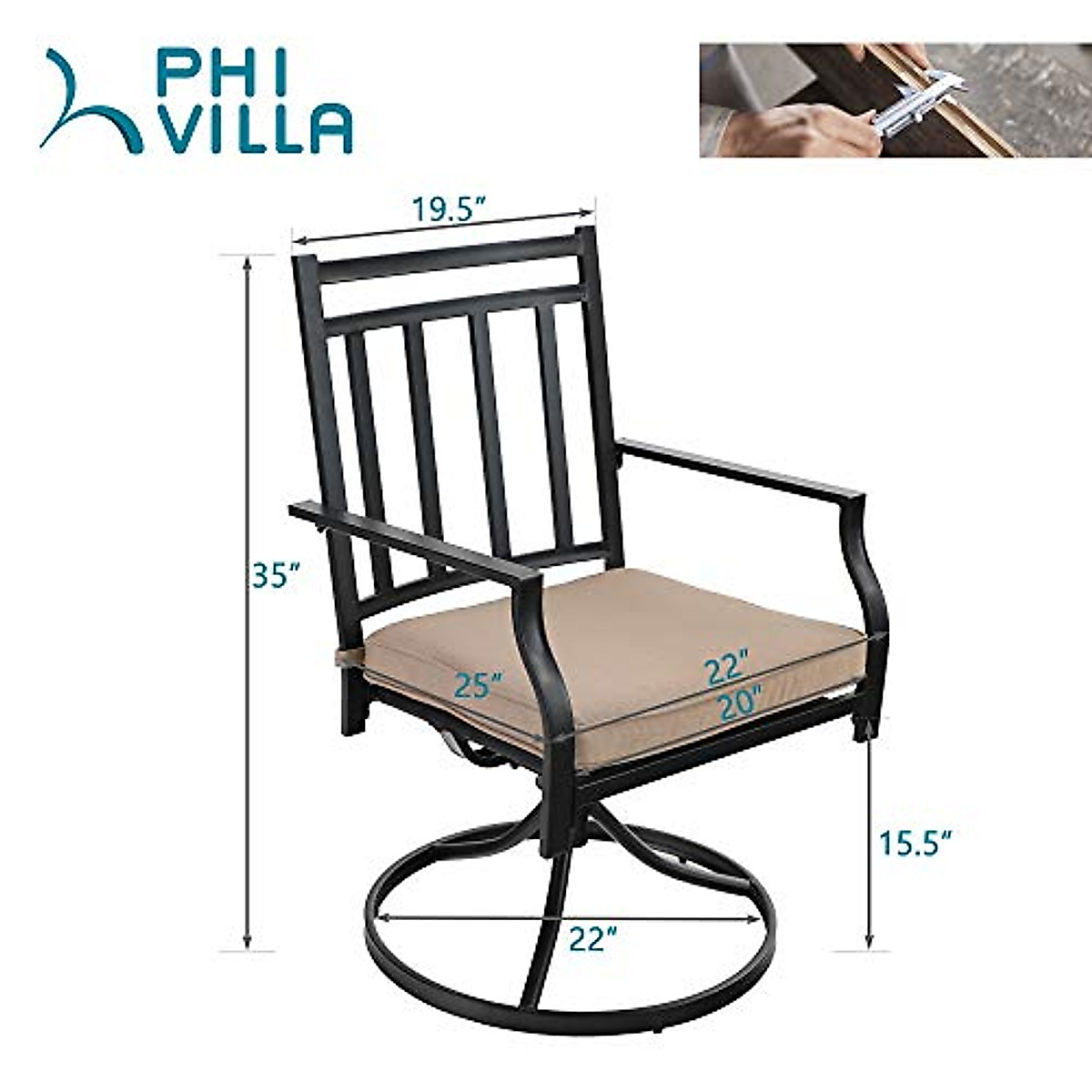 PHI VILLA Swivel Chairs Set of 2 Patio Dining Rocker Chair with Cushion Rocking Patio Furniture for Garden Backyard Bistro, Black