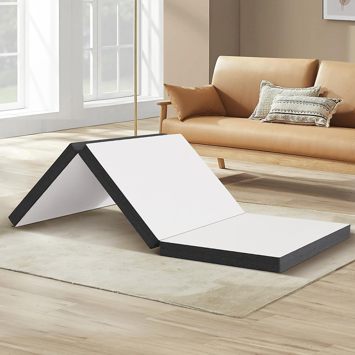 Folding Gel Memory Mattress, CertiPUR-US Portable Mattress Topper, Tri-Fold Mattress with Washable Cover-Foldable Foam Mattress Medium Firmness, for Travel, Camping, Sleepovers (Twin XL)