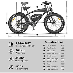 Hidoes 1600W(Peak) 26” Fat Tire Electric Bike 18.2Ah 48V 37MPH 35Miles 7-Speed Gears Electric Snow Beach Mountain Ebikes Electric Bicycle Electric Dirt Bike for Teens Adult
