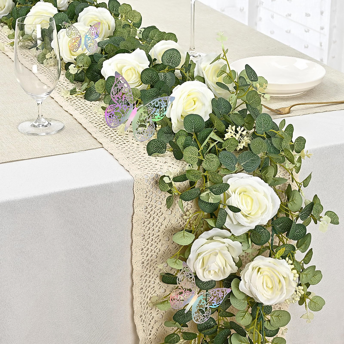 Yastouay 6.4 Ft Fuller White Flower Garland with Butterfly, Artificial Eucalyptus Garland with Flowers Fake Rose Vine Garland for Table Centerpiece Wedding Arch Baby Shower Party Room Backdrop Decor