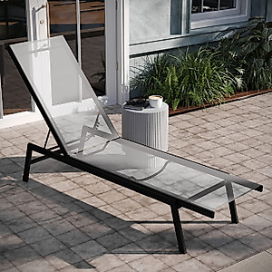 EMMA + OLIVER Braelin Adjustable Patio Chaise Lounge - Gray Textilene Seat - Armless Design - 5 Recline Positions - Metal Frame - All-Weather