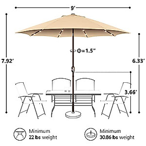 Funsite 9ft Patio Umbrella with Solar Lights, Outdoor Umbrella with 24 LED Solar Umbrella Lights, Solar Patio Umbrella with Push Botton Tilt & Crank Ideal for Garden, Deck, Backyard & Pool, Brown