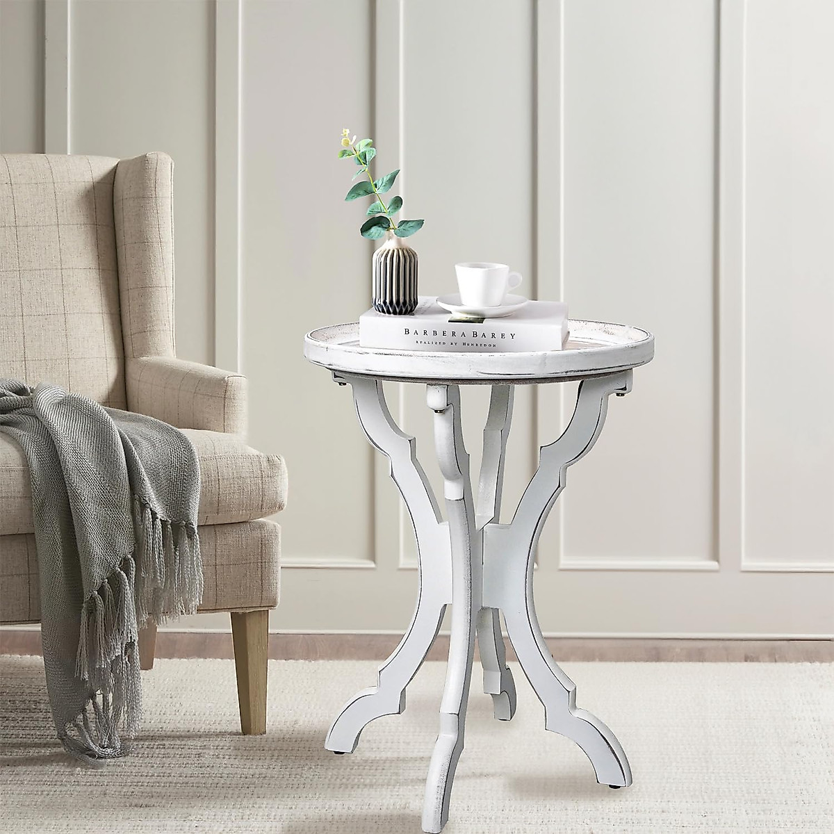 HCODCIBA Round Side Table with Carved Tray Top,Farmhouse Small End Table with Curved Legs,Retro Bedside Table Rustic Accent Table for Living Room,Bedroom