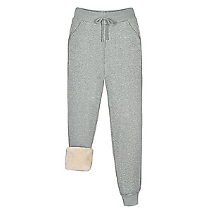 REORIA Women's Winter Warm Pants Thick Sherpa Lined Athletic Jogger Drawstring Fleece Lined Sweatpants with Pockets Light Grey Small