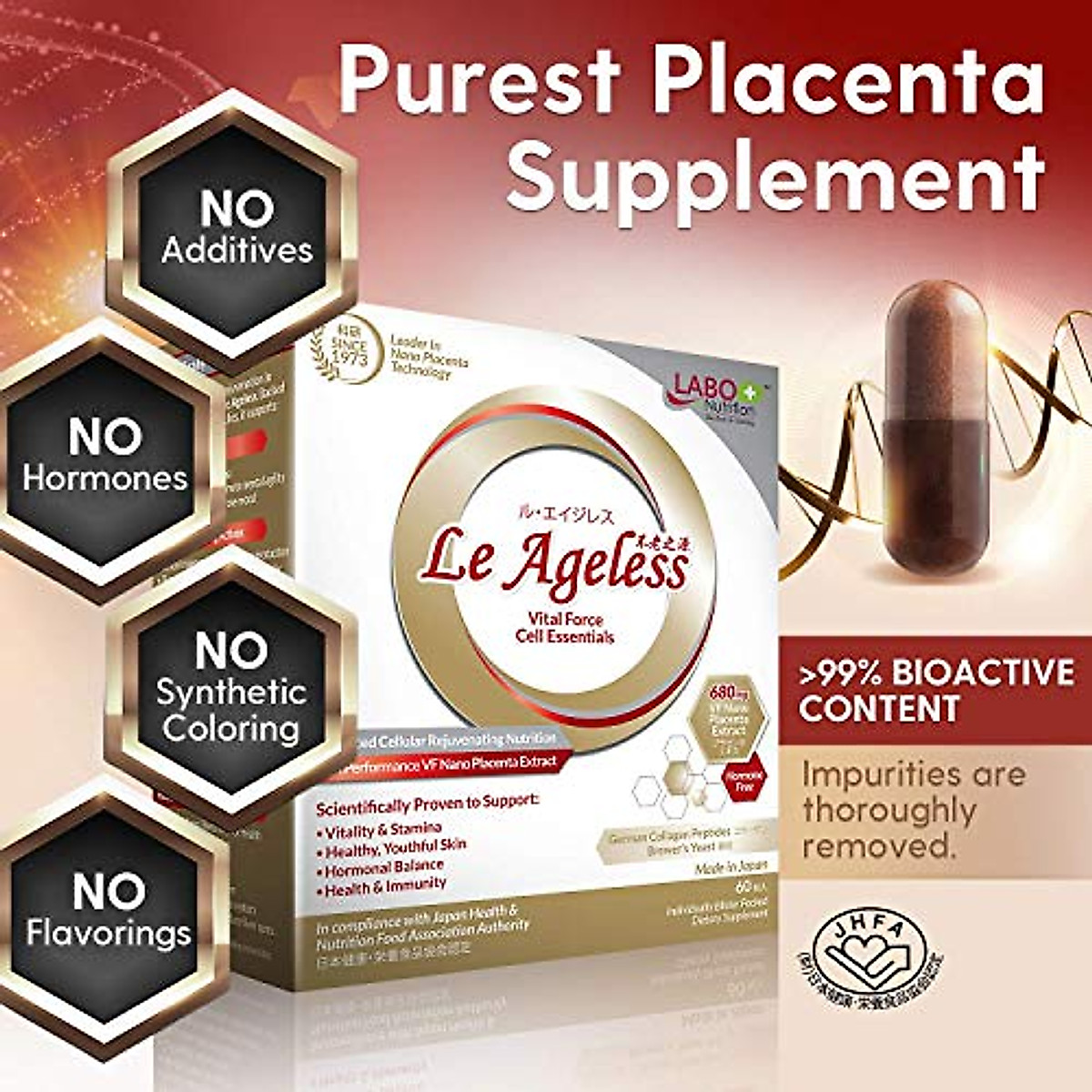 LABO Nutrition Le Ageless Capsule + Le Revital Serum, Placenta Cell Rejuvenating Therapy from Japan, Enhanced with Nano Collagen Placenta Extract, Support Healthy Aging, Reduce Wrinkles, Dark Spot