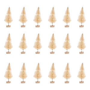 Amosfun 18pcs Mini Pine Trees Sisal Trees Miniature Christmas Tree with Wood Base Christmas Desktop Decorations 6.5cm (Beige)