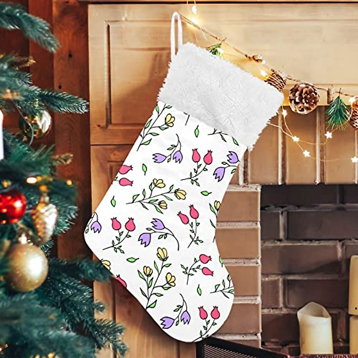 Kigai Christmas Stockings Doodle Flowers Rose Large Candy Stockings Stuffers Kids Cute Xmas Sock Decorations 1PC for Home Holiday Party 12" x18"