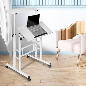 SFIHOME Small Standing Desk Adjustable Height and Angle, Computer Laptop Desk Home Office Sit Standup Desk, Portable Rolling Desk with Wheels, 2 Platforms, White